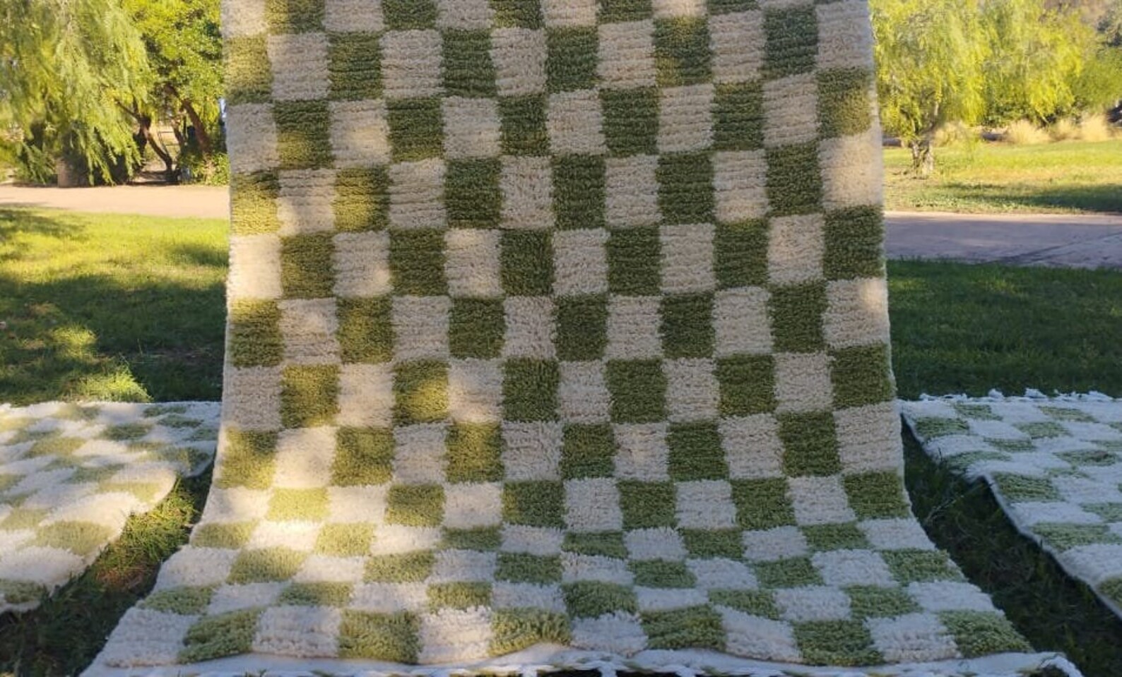 Green Checkered Moroccan Rug, Handmade White and Olive Green Checks ...