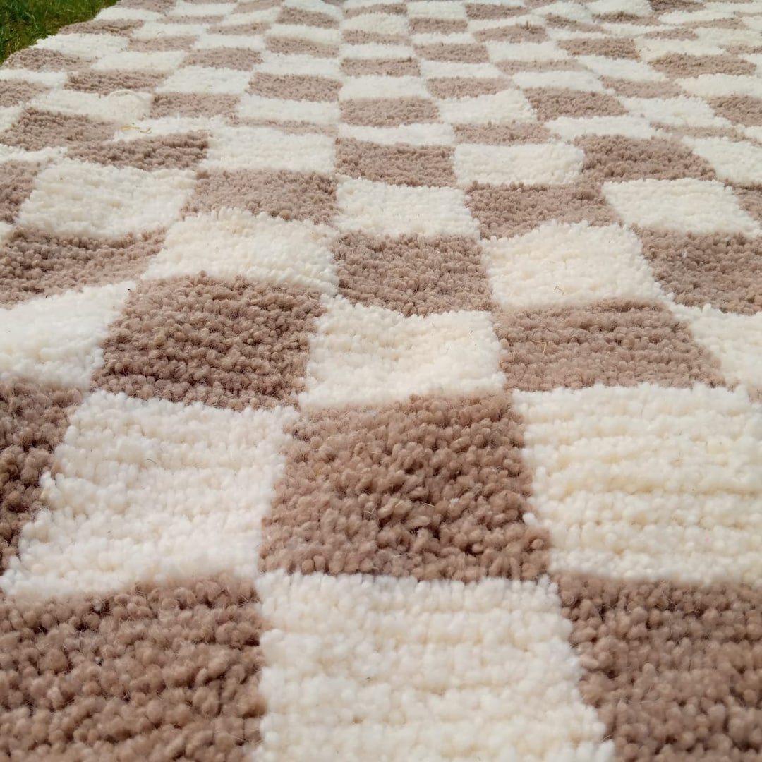 Checkered Rug Dark Beige , Checker Moroccan Boho Rugs Runner, Handmade ...