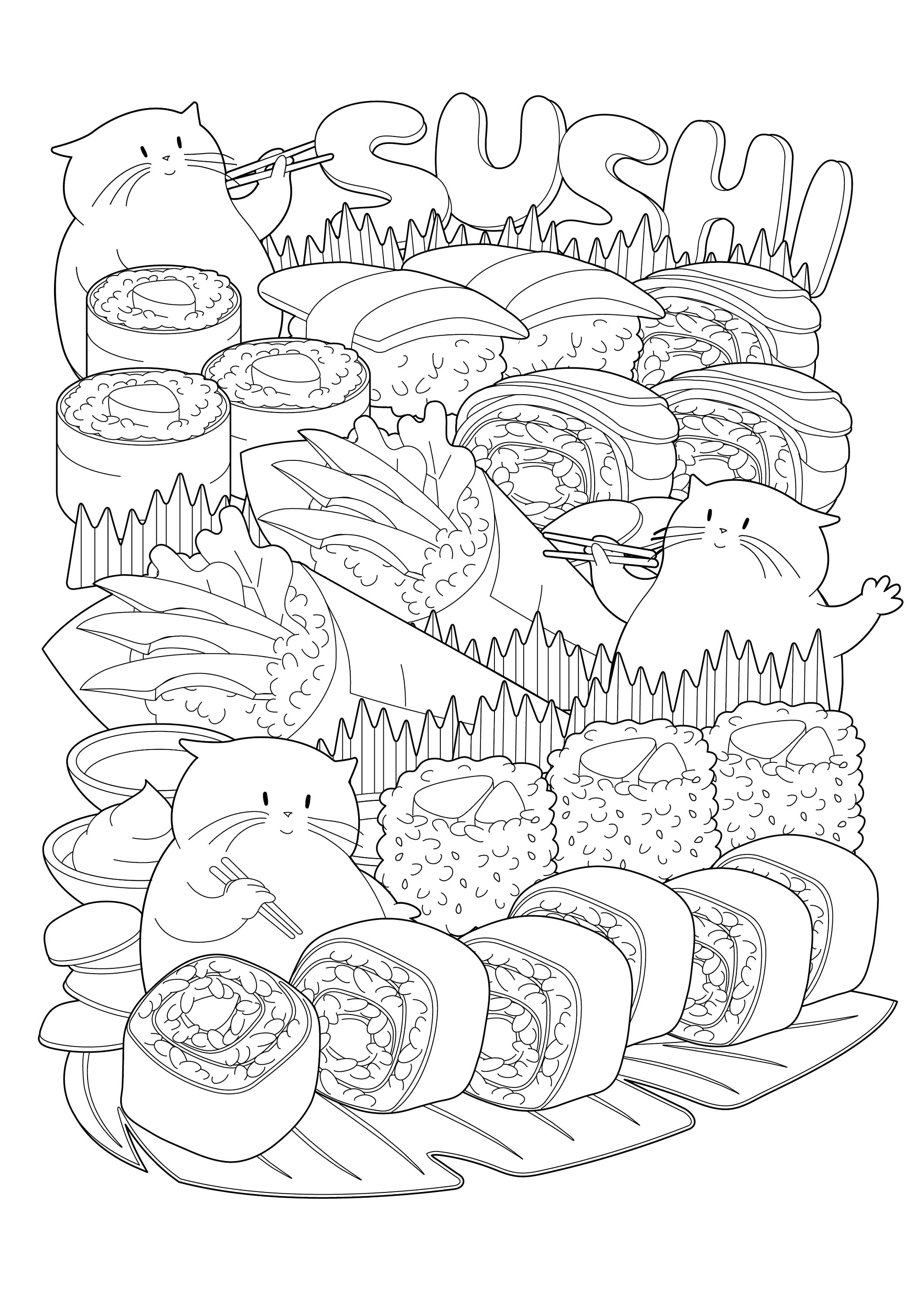 Printable Vege Sushi And Cat Coloring Page Instant Download | Etsy