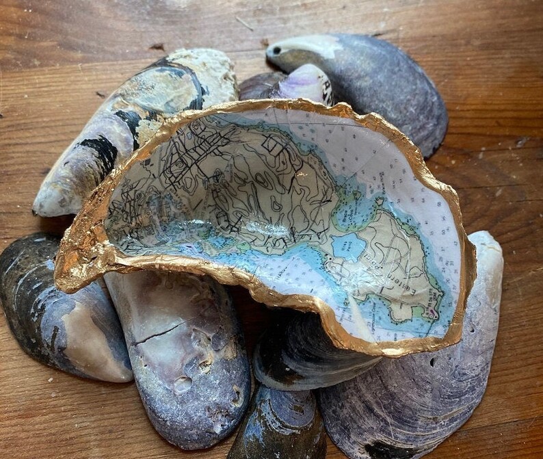 CUSTOM Hand Painted Oyster Shell With Nautical Map | Etsy