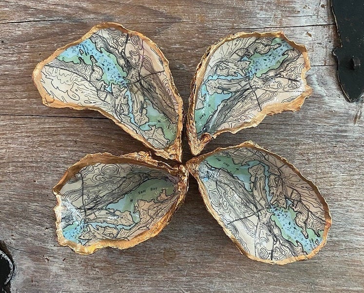 CUSTOM Hand Painted Oyster Shell With Nautical Map | Etsy