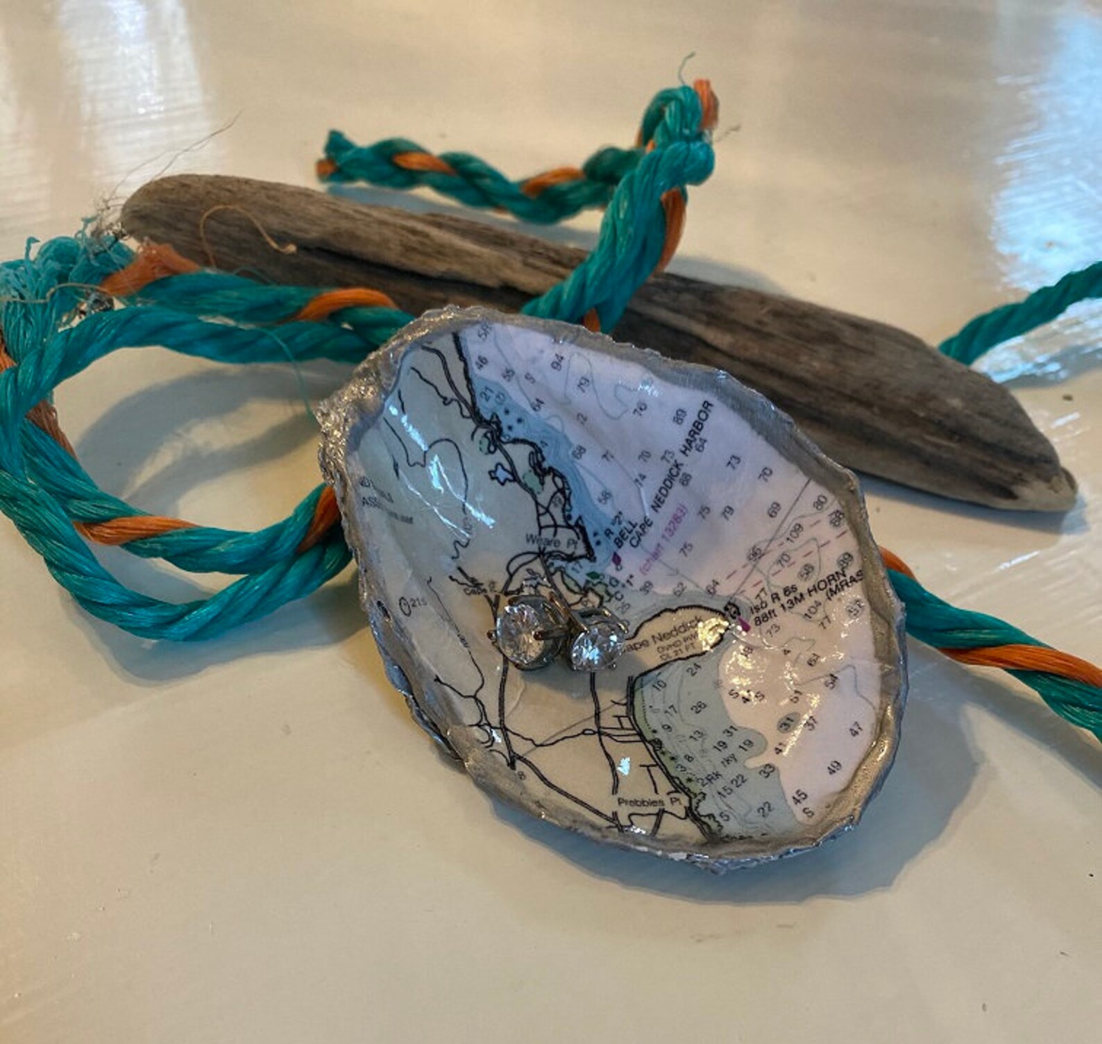 CUSTOM Hand Painted Oyster Shell With Nautical Map | Etsy