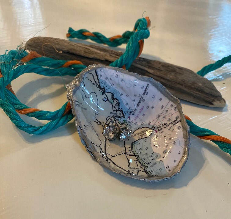CUSTOM Hand Painted Oyster Shell With Nautical Map | Etsy