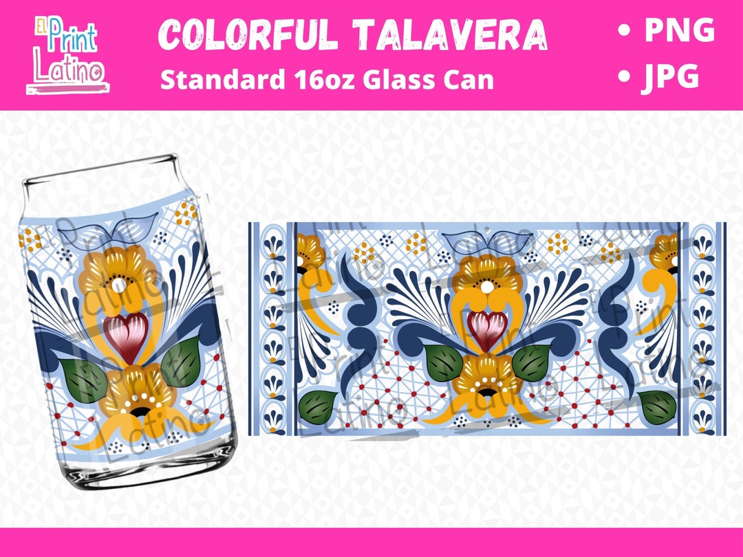 Colorful Mexican Talavera Tiles Standard 16oz Glass Can, Libbey Can ...