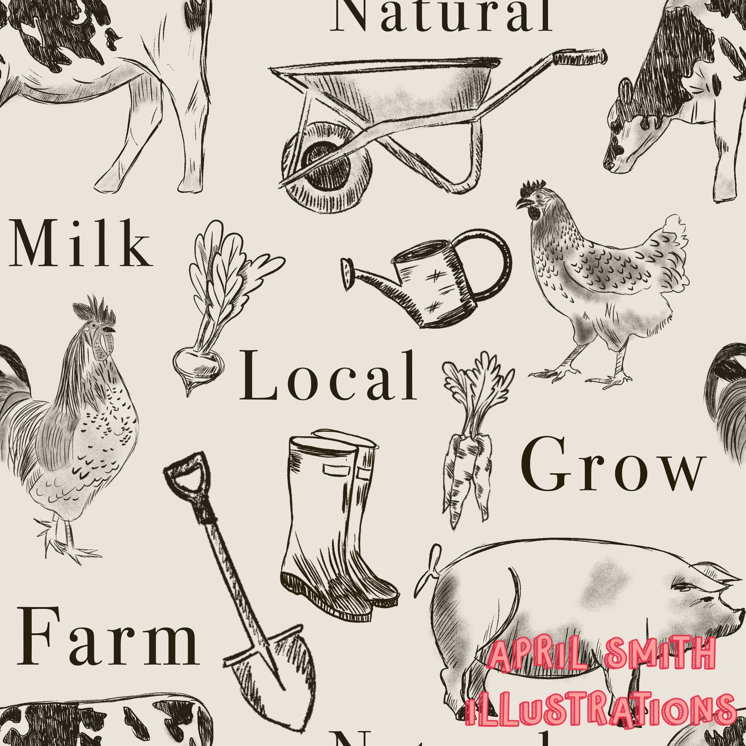 Vintage Farm Seamless Pattern, Surface Pattern, Non Exclusive, Digital ...