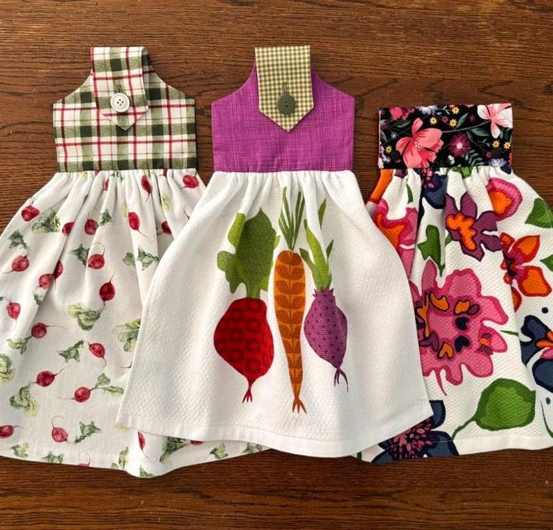 Hanging Kitchen Towels - Root Veggies - Plaid Radishes - Bright Bouquet ...