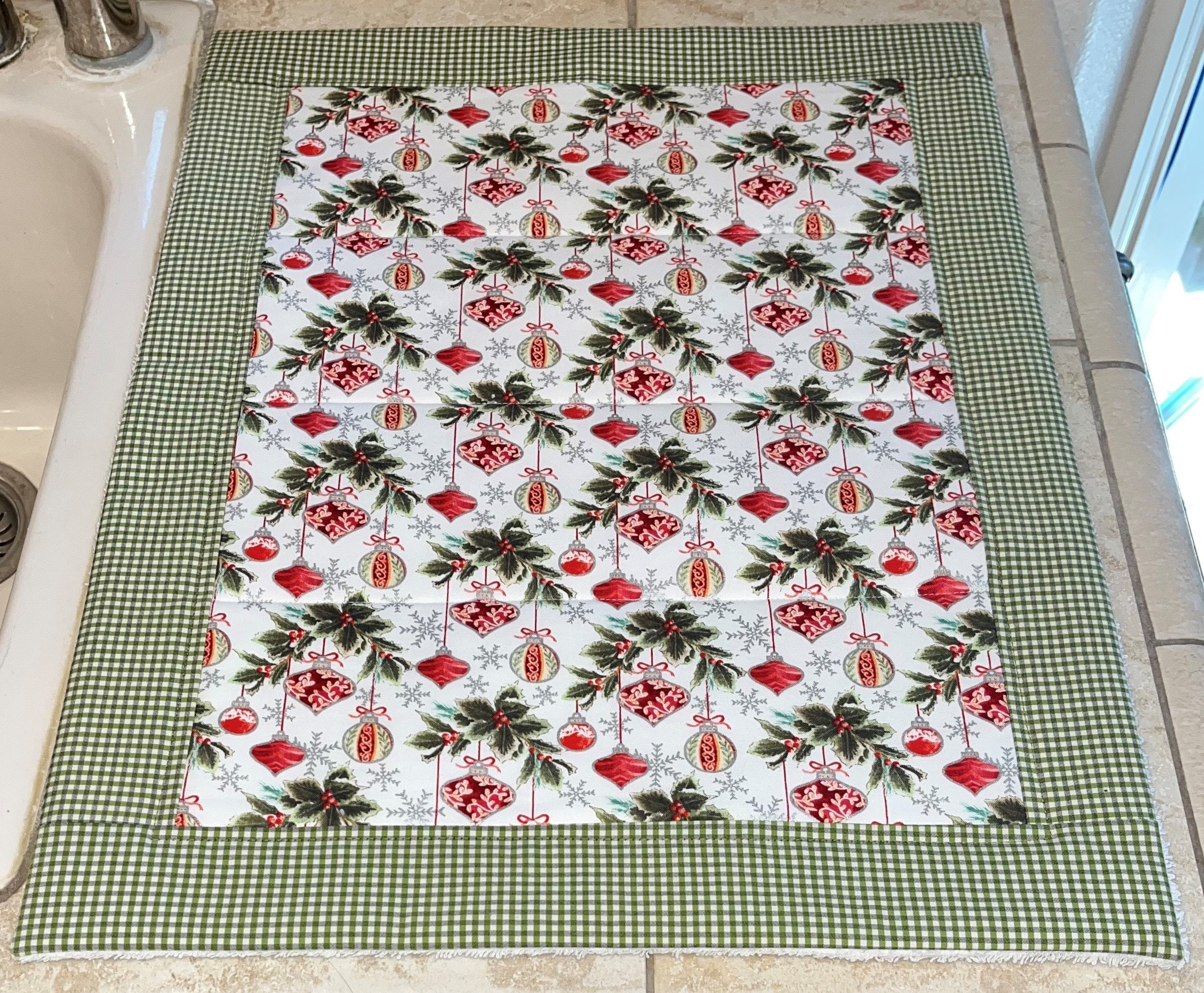 Dish Drying Mat Quilted Christmas Ornaments and Holly - Etsy