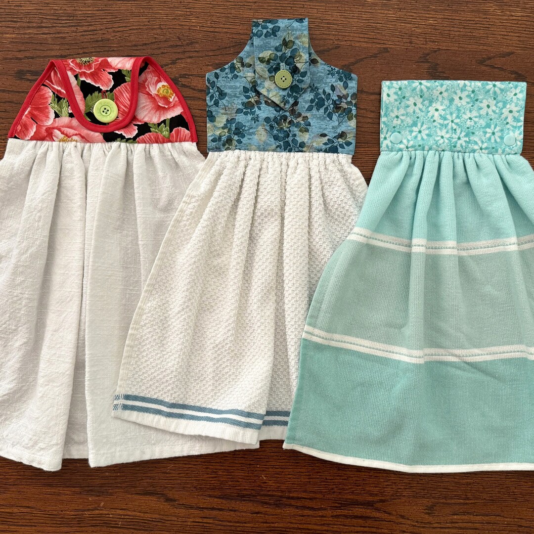 Hanging Kitchen Towels - Blue / Turquoise / Teal Floral - Button Towel ...