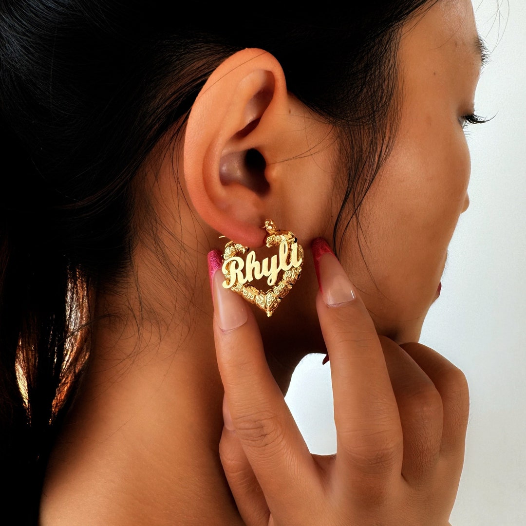 Heart Bamboo Name Earrings,custom Bamboo Earrings,custom Name Earrings ...
