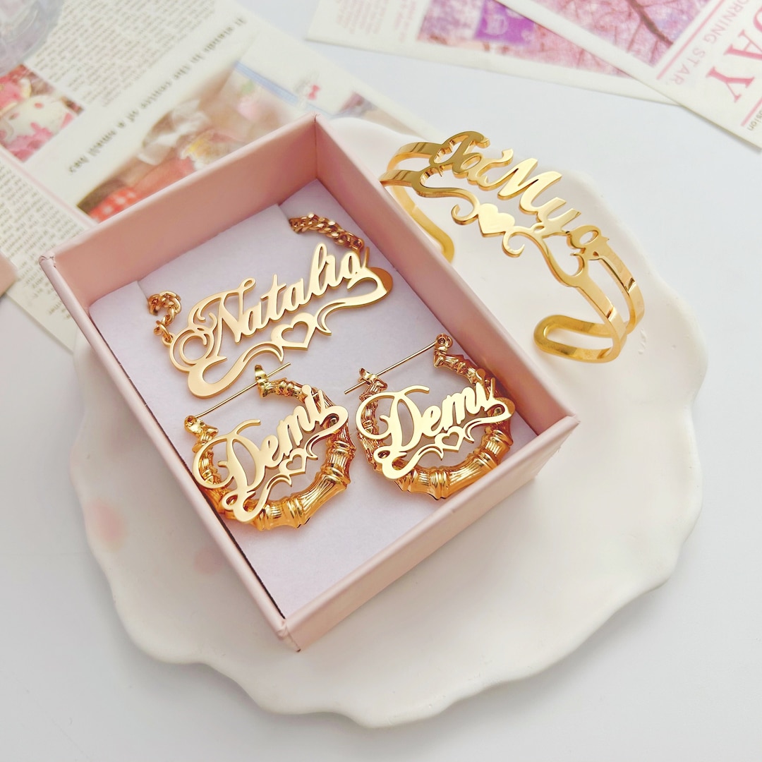 Custom Jewelry Set, Custom Name Necklace Set, Custom Bamboo Earrings ...