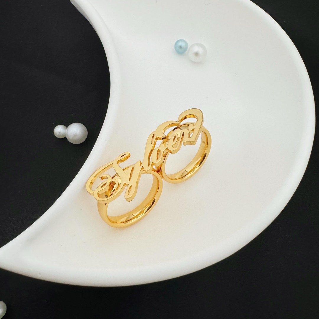 Custom Name Ring,two Finger Ring,nameplate Ring,personalized Name Rings ...