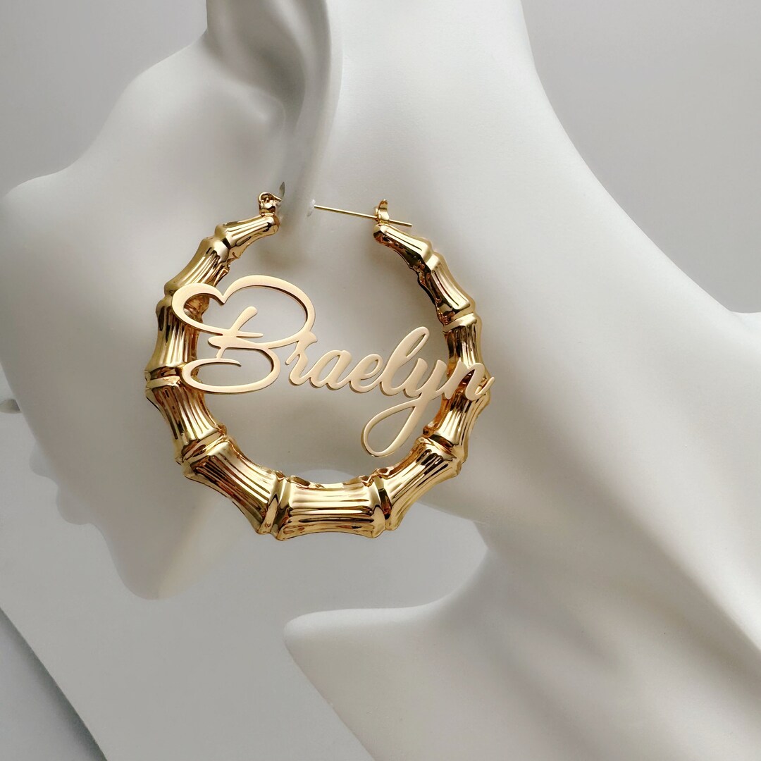 Custom Bamboo Earrings,name Bamboo Earrings,gold Name Hoops,nameplate ...