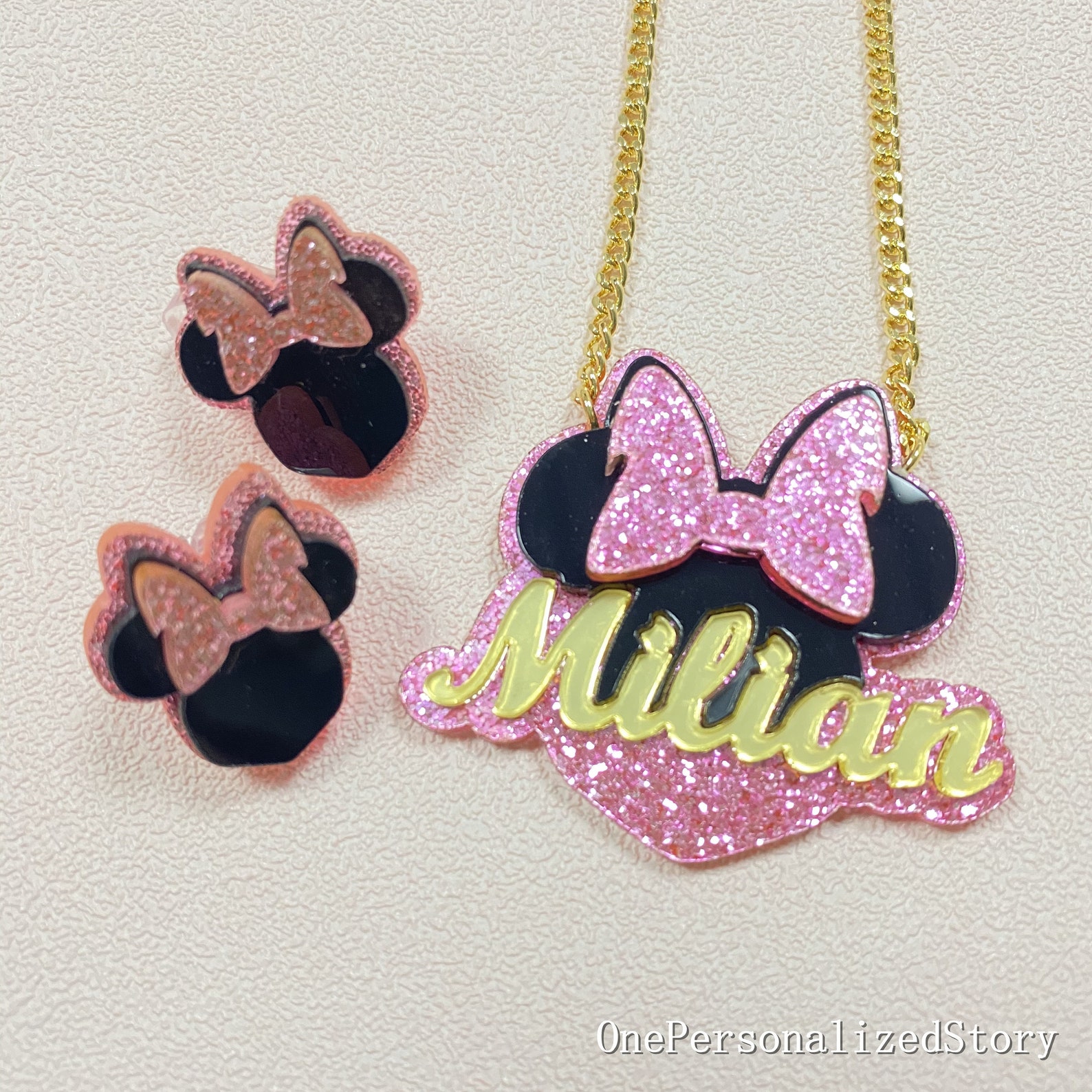 Custom Minnie Mouse Necklace-name Necklace and Stud Set-gift for Kids ...