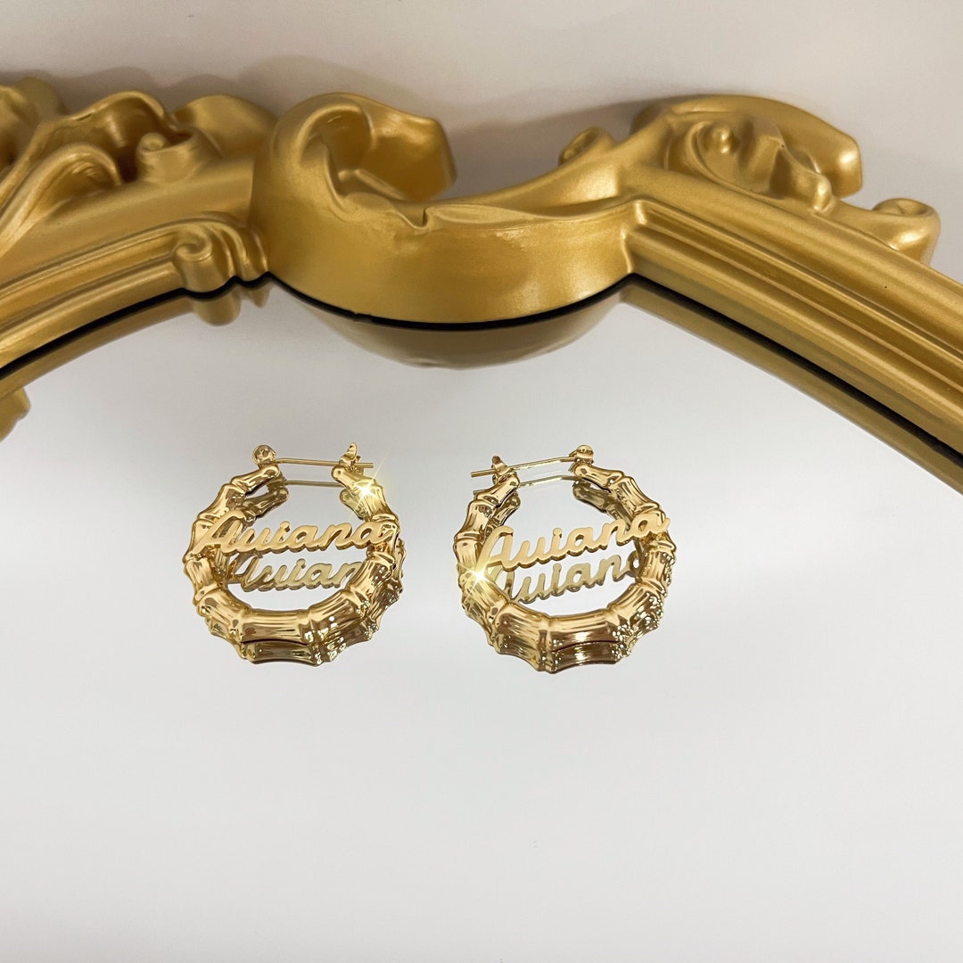Custom Name Bamboo Hoop Earrings, Personalized Jewelry - Etsy