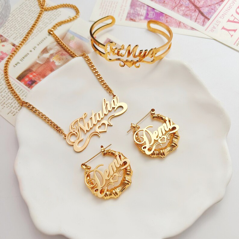 Custom Jewelry Set, Custom Name Necklace Set, Custom Bamboo Earrings ...