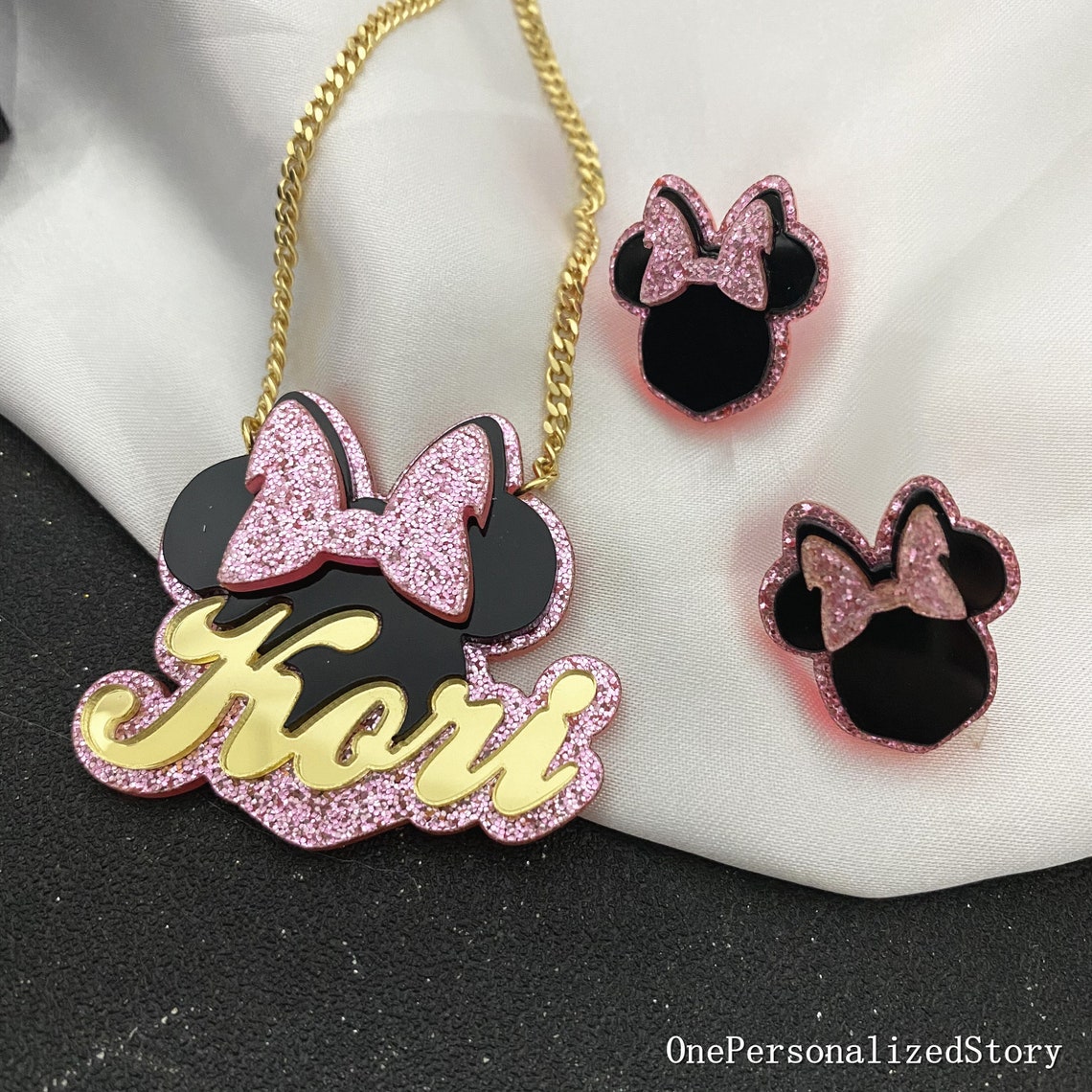 Custom Minnie Mouse Necklace-name Necklace and Stud Set-gift for Kids ...