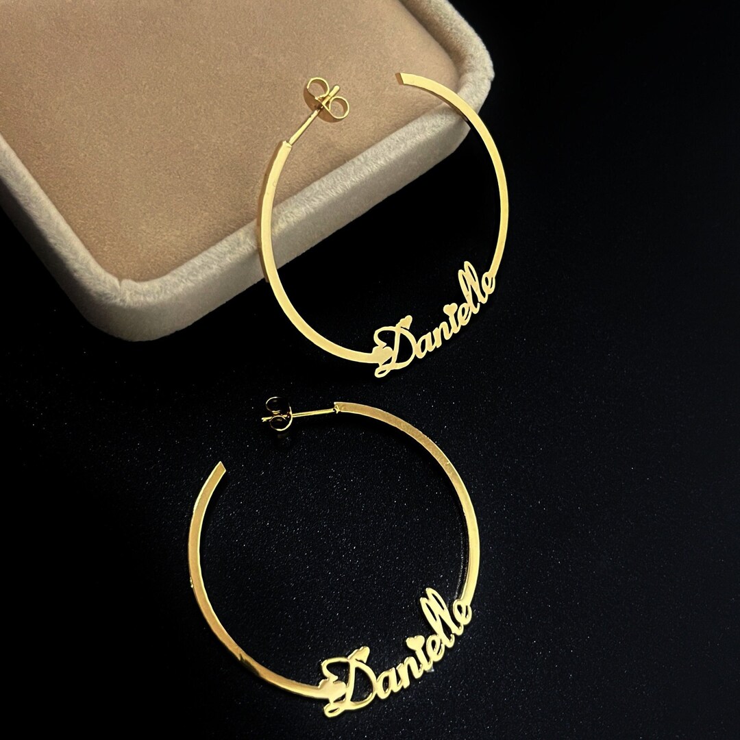 Name Hoop Earrings, Letter Hoop Earrings, Nameplate Earrings, Gold Name ...
