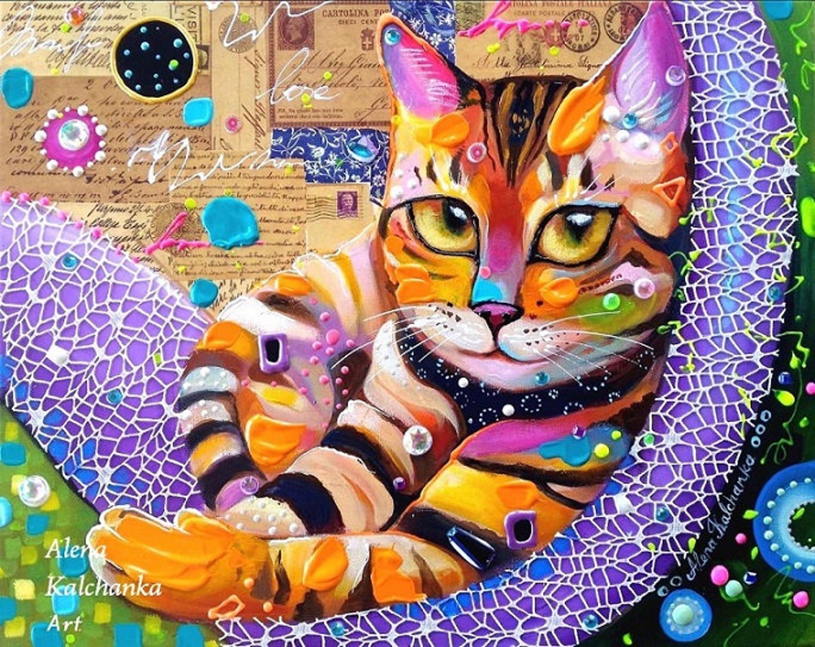 Cat Painting, Print With Cat Art Pet Print Green Eyes Gift for Friend ...