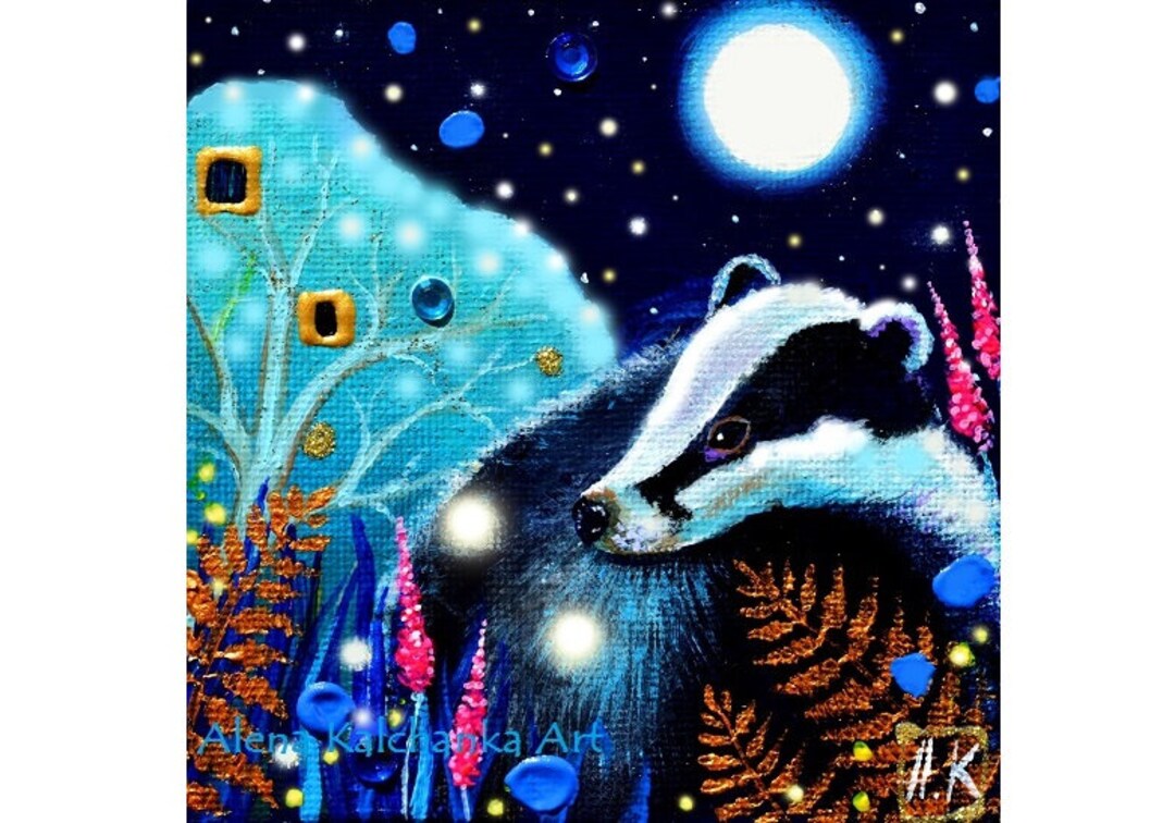 Painting of the Meles. Woodland Animals Print. Badger in the Forest Art ...