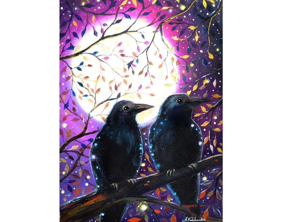 Original Art Black Crow Art, Two Crows With Moon Print, Starry Sky ...