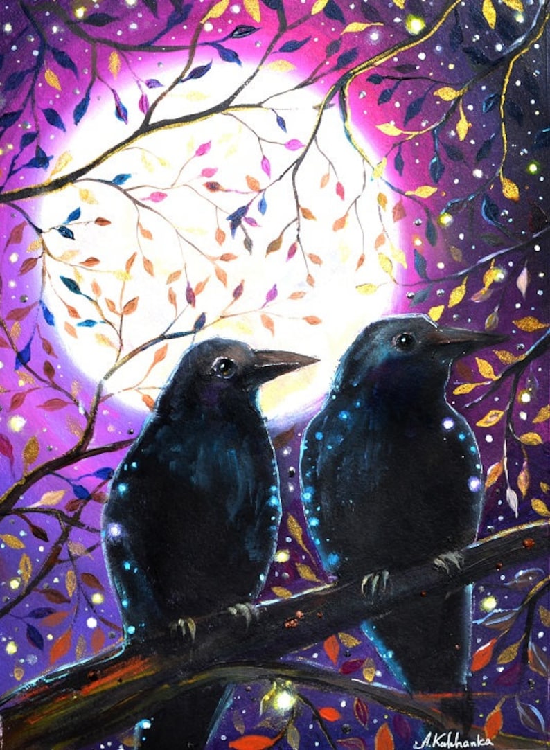 Original Art Black Crow Art, Two Crows With Moon Print, Starry Sky ...