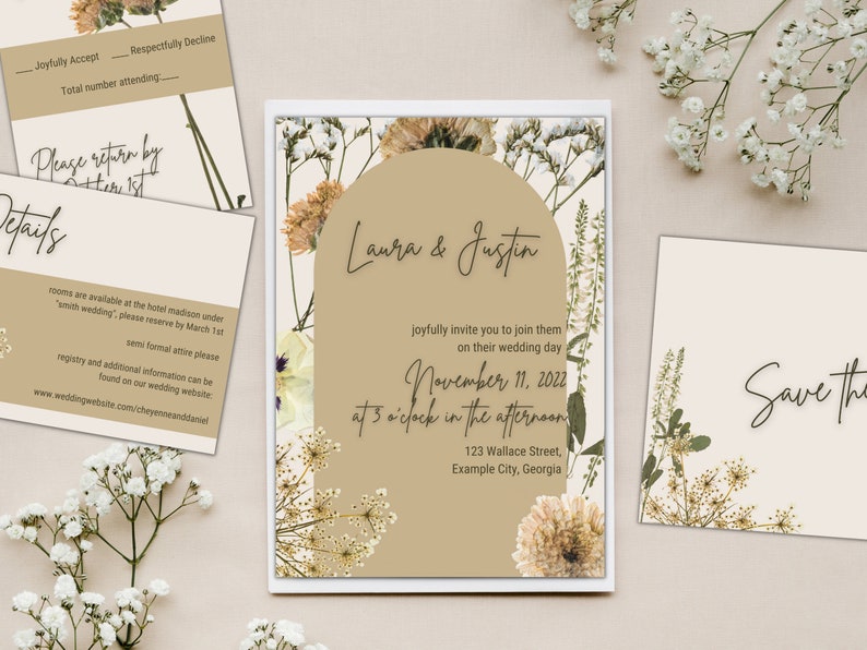 Vintage Cottagecore Pressed Flower Wedding Invitation Set, Online ...