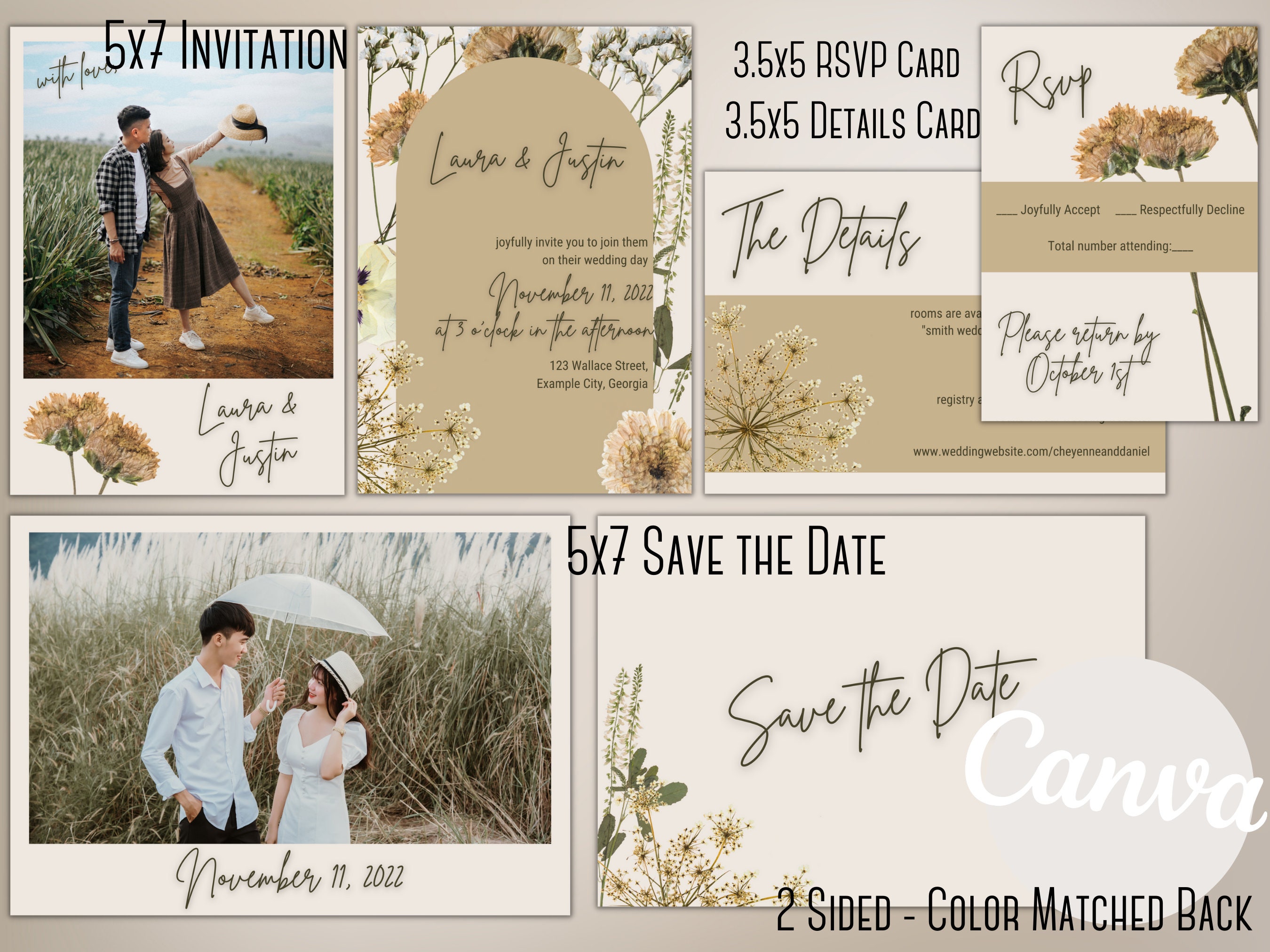 Vintage Cottagecore Pressed Flower Wedding Invitation Set, Online ...