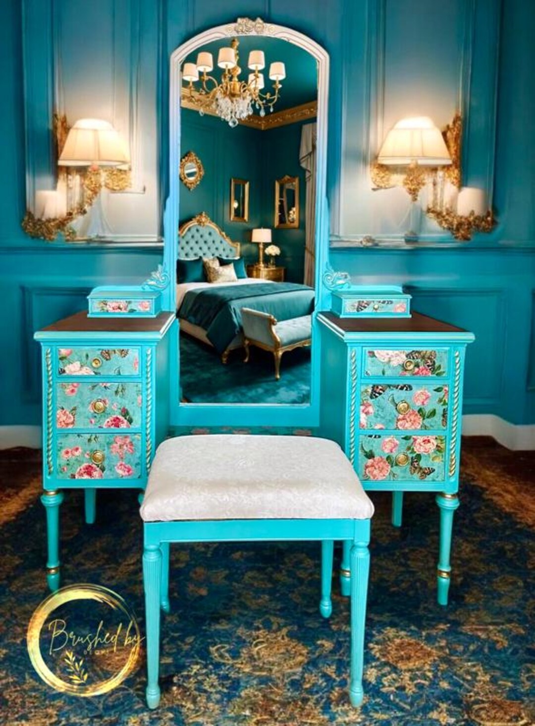 Antique Ladies Vanity, Blue Makeup Vanity, Dressing Table for Bedroom ...