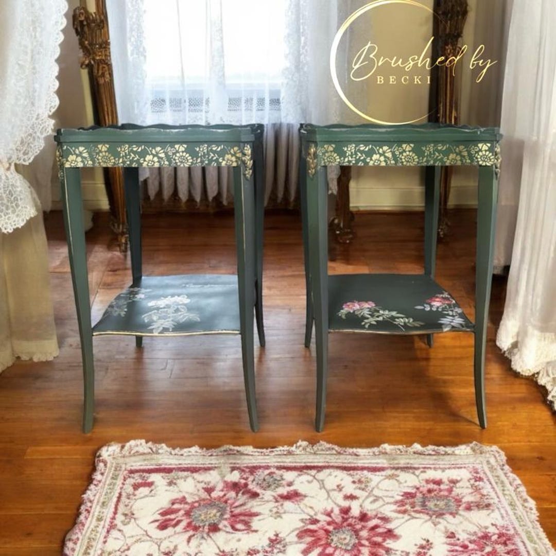 Vintage Green End Tables, Antique Square Side Tables, Nightstands With ...