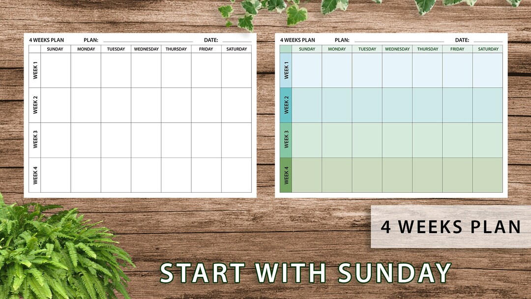 4 Weeks Plan - STARTS WITH SUNDAY - Do Things - Plans - Goals - Agenda ...