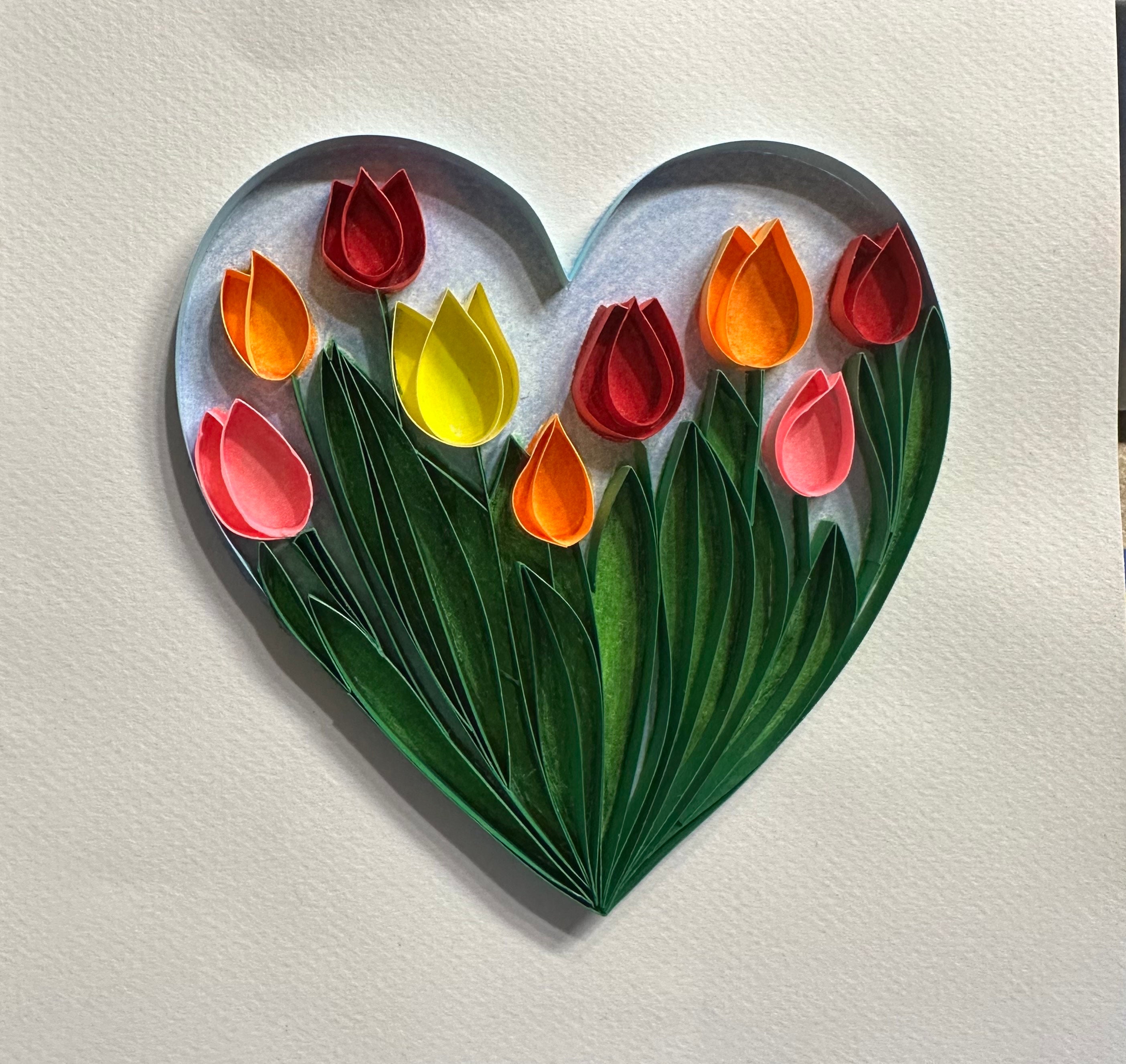 Paper Quilling Tulips in Heart. 8” X 8” Frame to Hang or Stand Alone ...