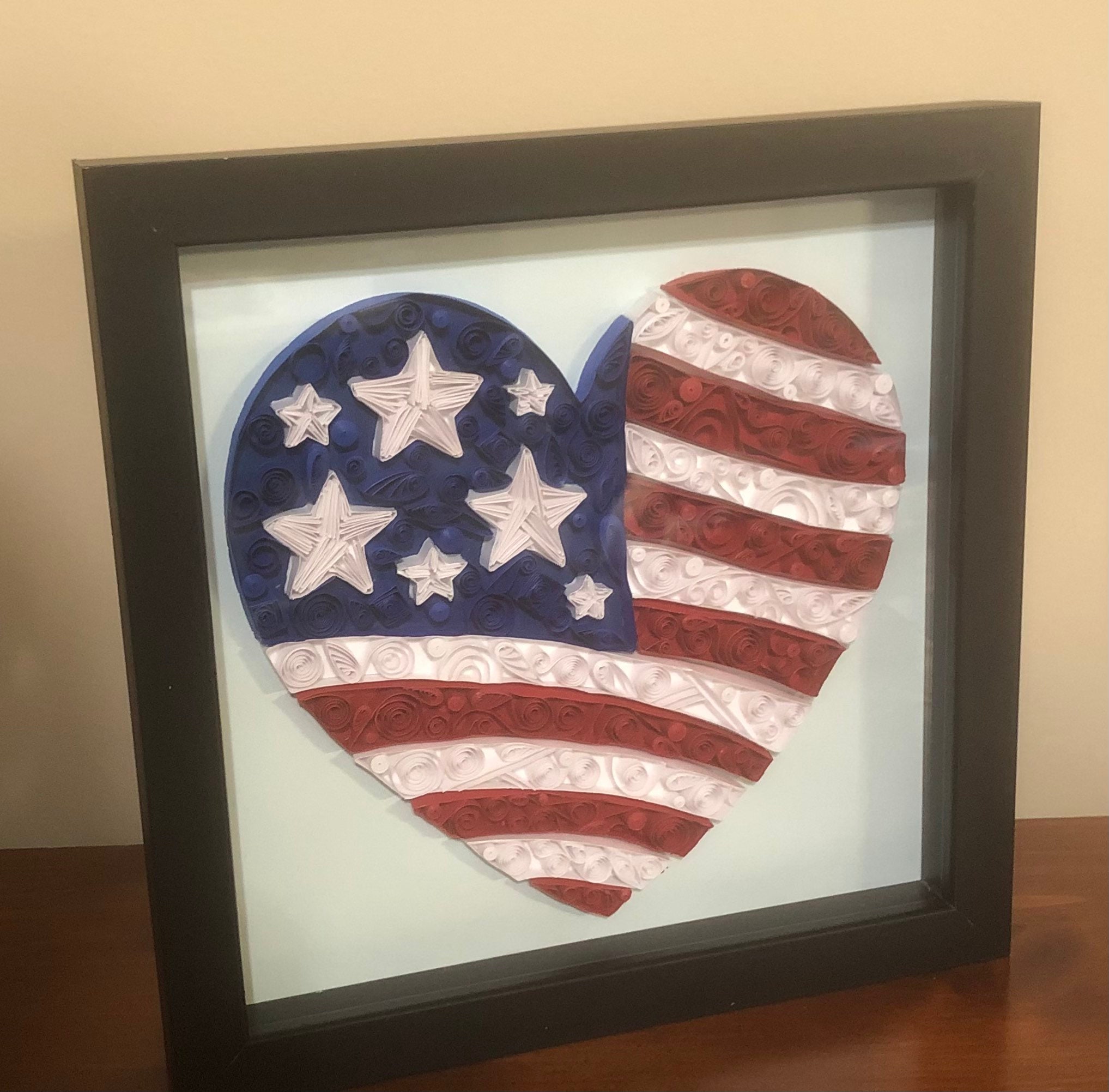 Paper Quilling of American Flag in the Shape of a Heart Framed or ...