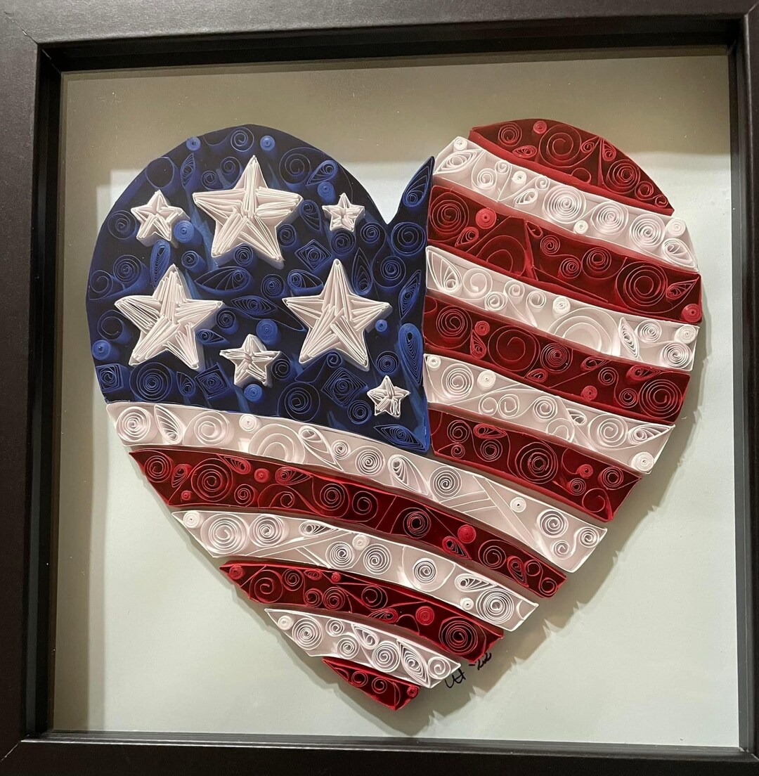 Paper Quilling of American Flag in the Shape of a Heart Framed or ...