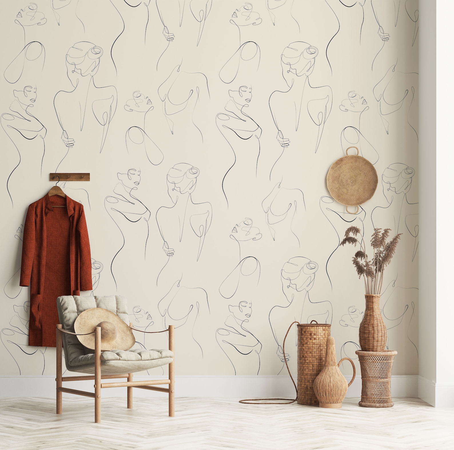 Female Body Line Art Self-adhesive Wallpaper | Removable Wall Decor ...