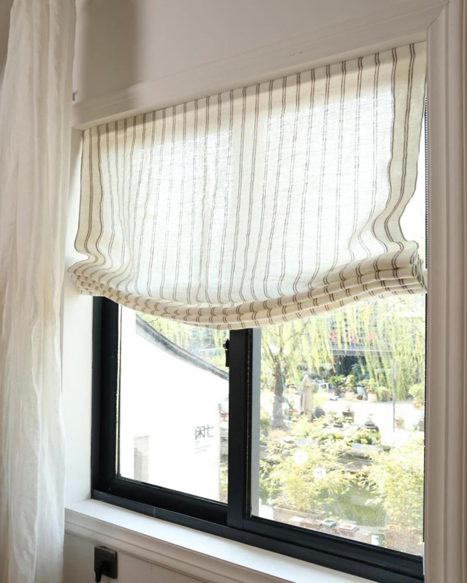 Natural Color 100% Striped Linen Roman Shade With Chain Mechanism ...