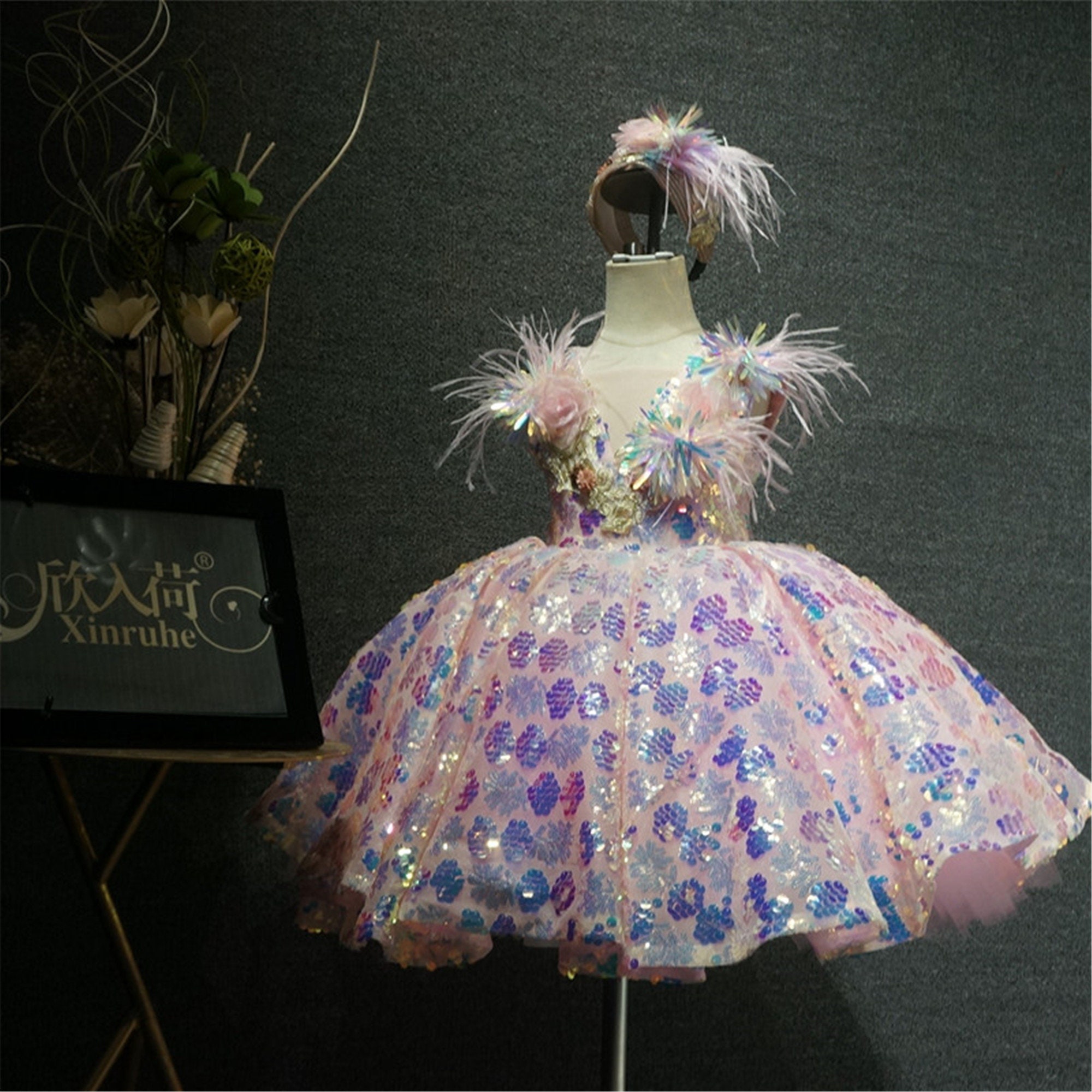Pink Girls Polka Dot Sequin Dress With Headpieces Puffy Girls - Etsy