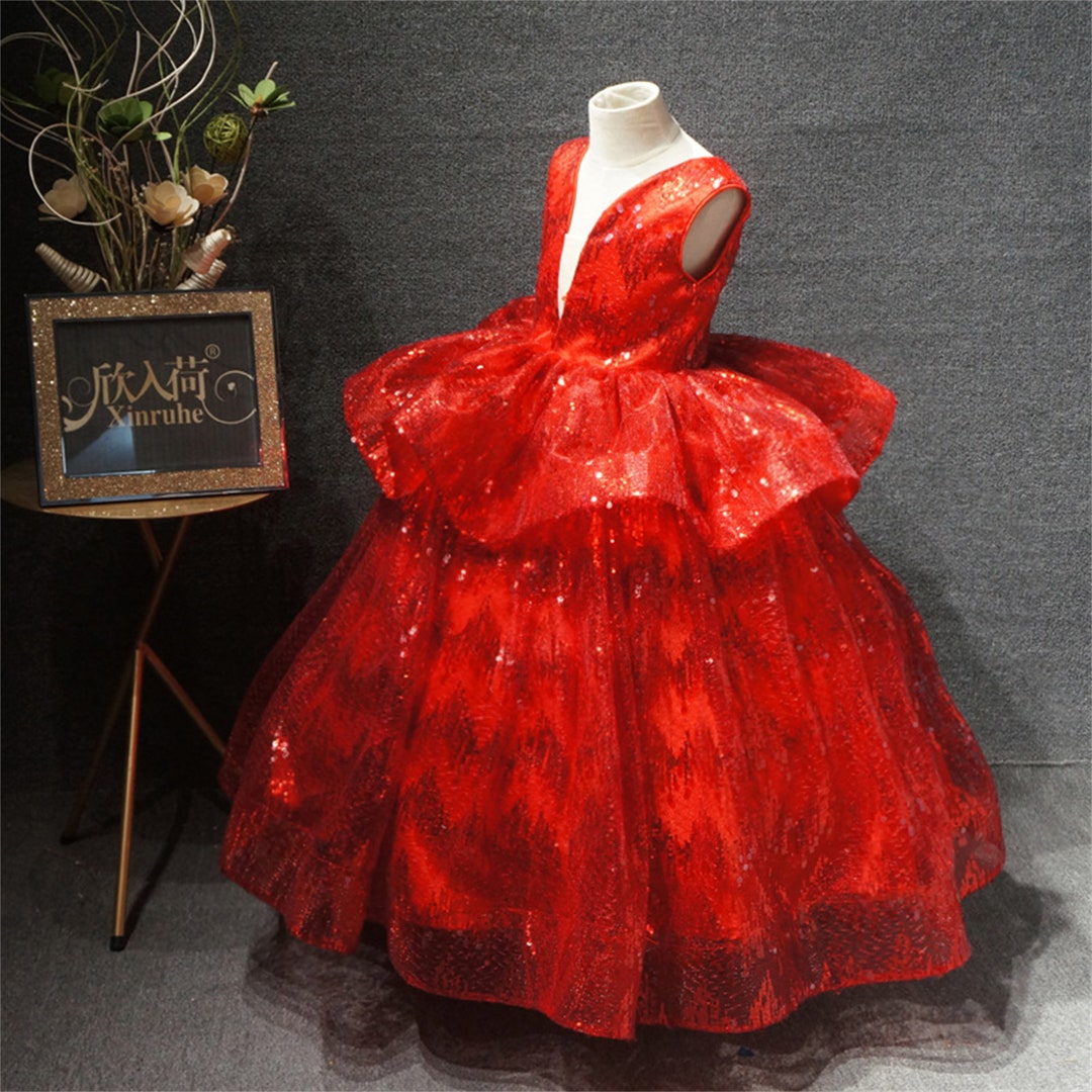 Luxury Red Sequin Kid Girls Princess Ball Gowns Sleeveless V Neck Kid ...