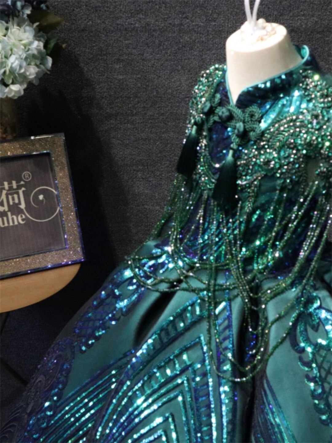 Luxury Kid Emerald Prom Dress Sparkling Beads Sequin Emerald Birthday ...