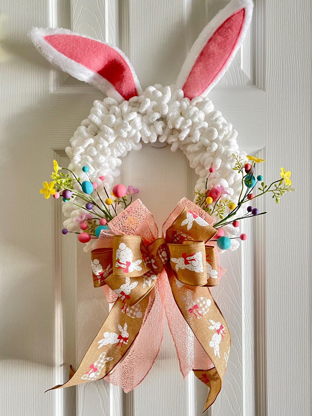 Easter Wreath for Front Door, Bunny Wreath, Yarn Spring Wreath, Spring ...