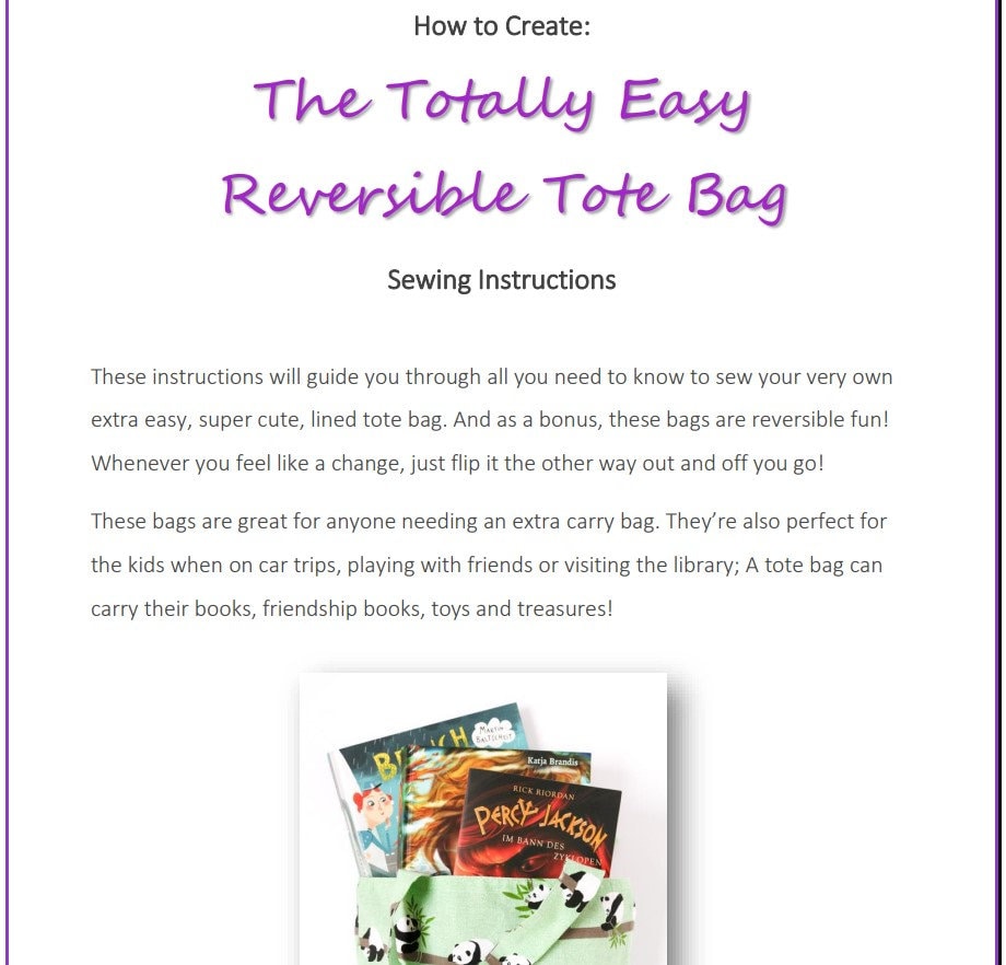 Easy Tote Bag PDF Sewing Project | Kids Book Bag Sewing Instructions ...