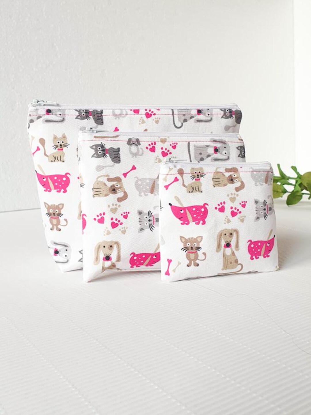 3 Fabric Zipper Pouches | Set of Small, Medium, Large Lined Bags ...