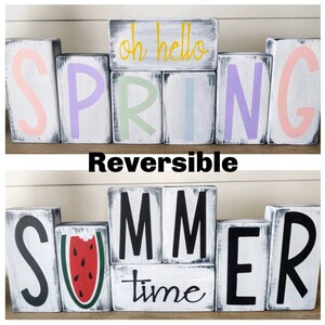 Reversible Spring/summer Wood Blocks, Hello Spring Two Sided Decor, Two ...