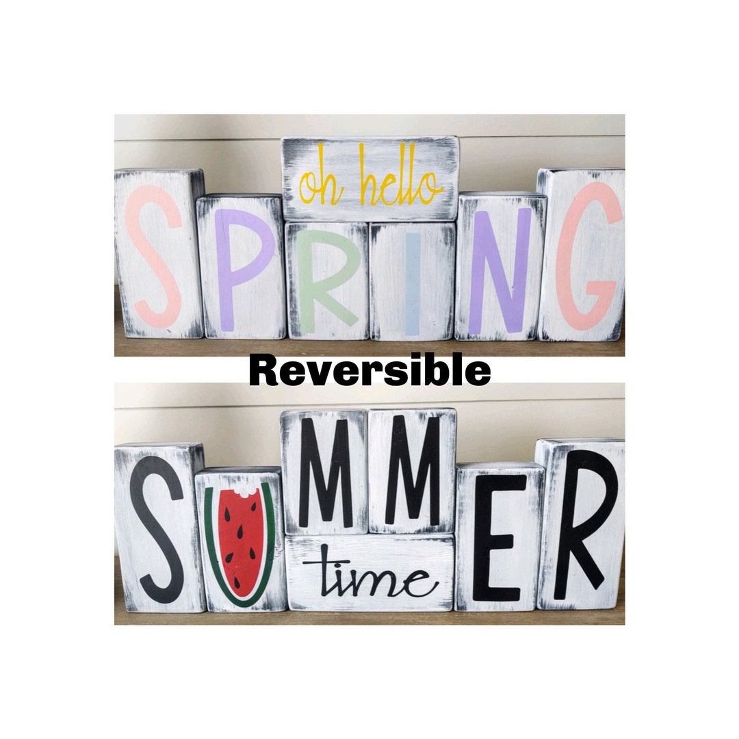 Reversible Spring/summer Wood Blocks Hello Spring Two Sided - Etsy