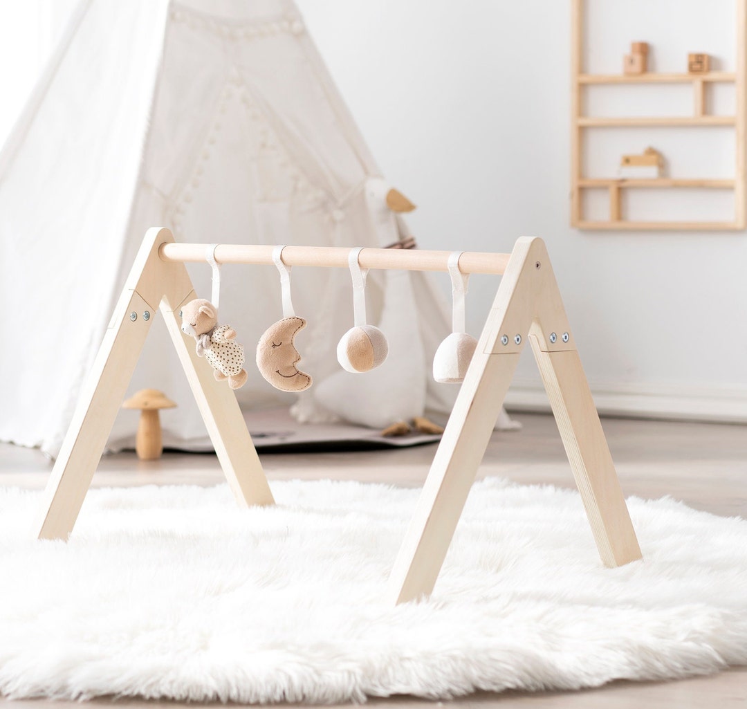 Wooden Baby Gym Frame and Hanging Toys Set With Rattle, Baby-safe ...
