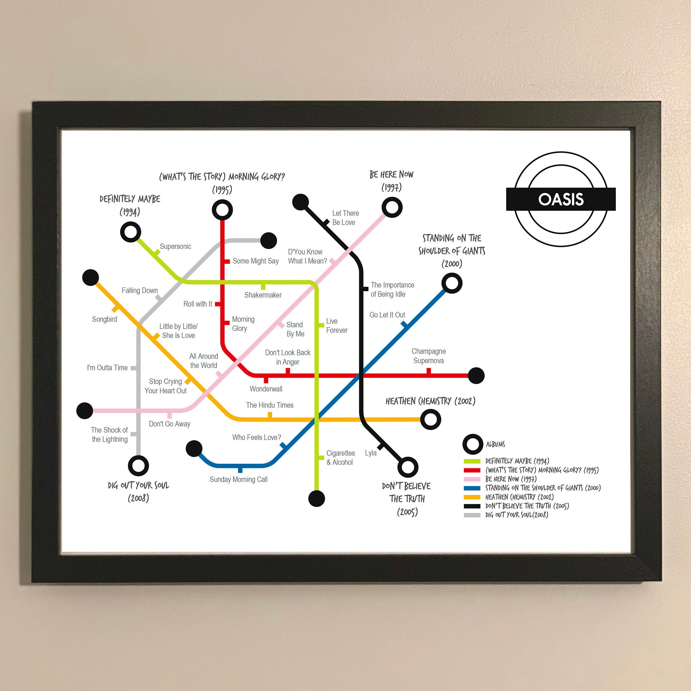 Oasis Album Map | A3 | Oasis | Oasis Singles & Albums Map | Oasis Map ...