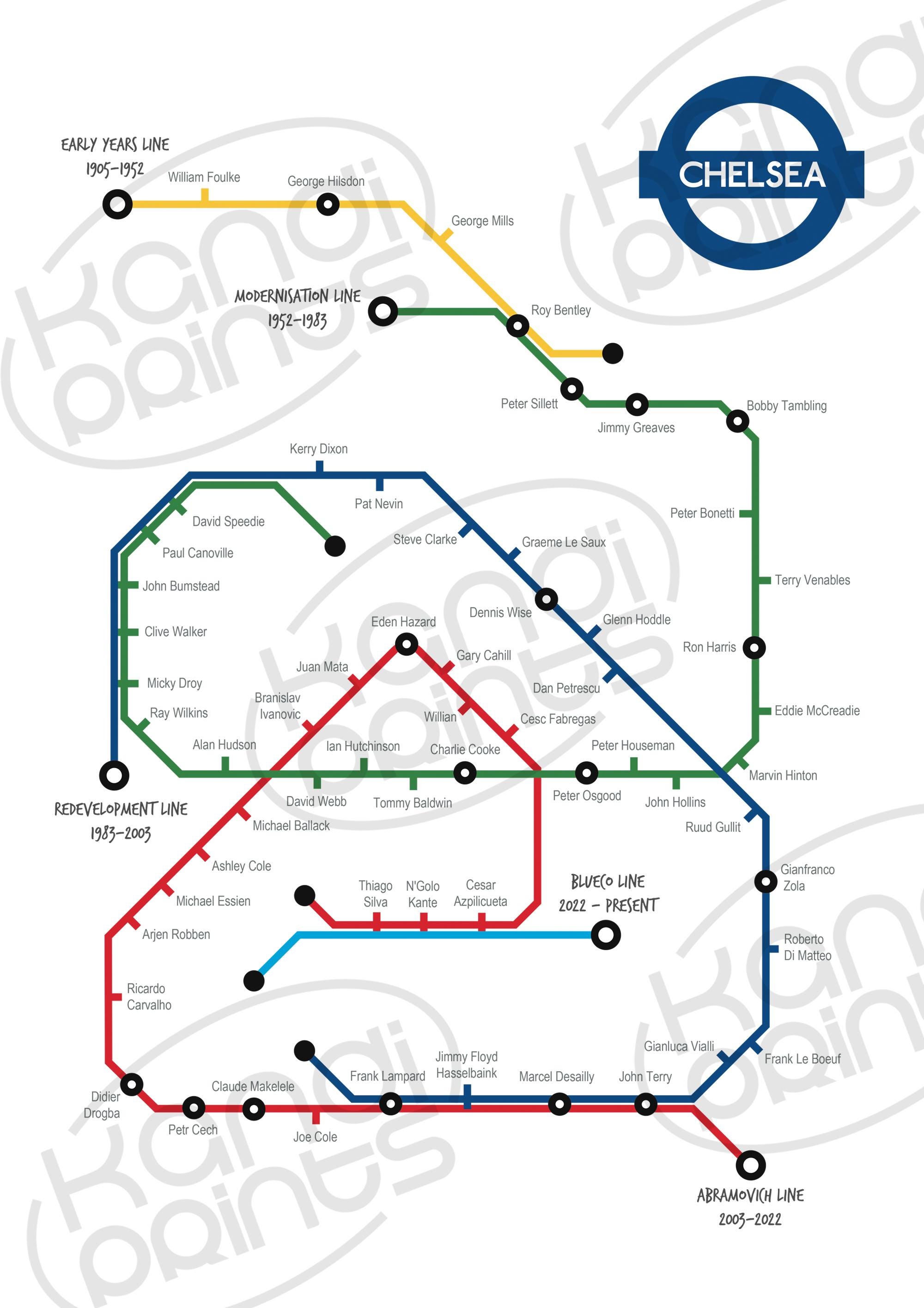 Chelsea Legends/eras Tube Map | A4 | Chelsea Print | Tube Map | Chelsea ...