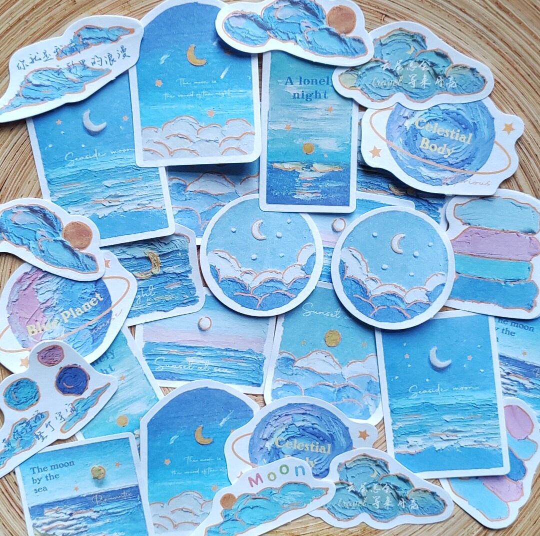 40 Pcs Moon Ocean Scenery Oil Painting Stickers,collage Stickers,pastel ...