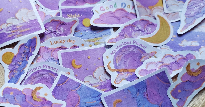 40 Pcs Moon Ocean Scenery Oil Painting Stickerscollage - Etsy