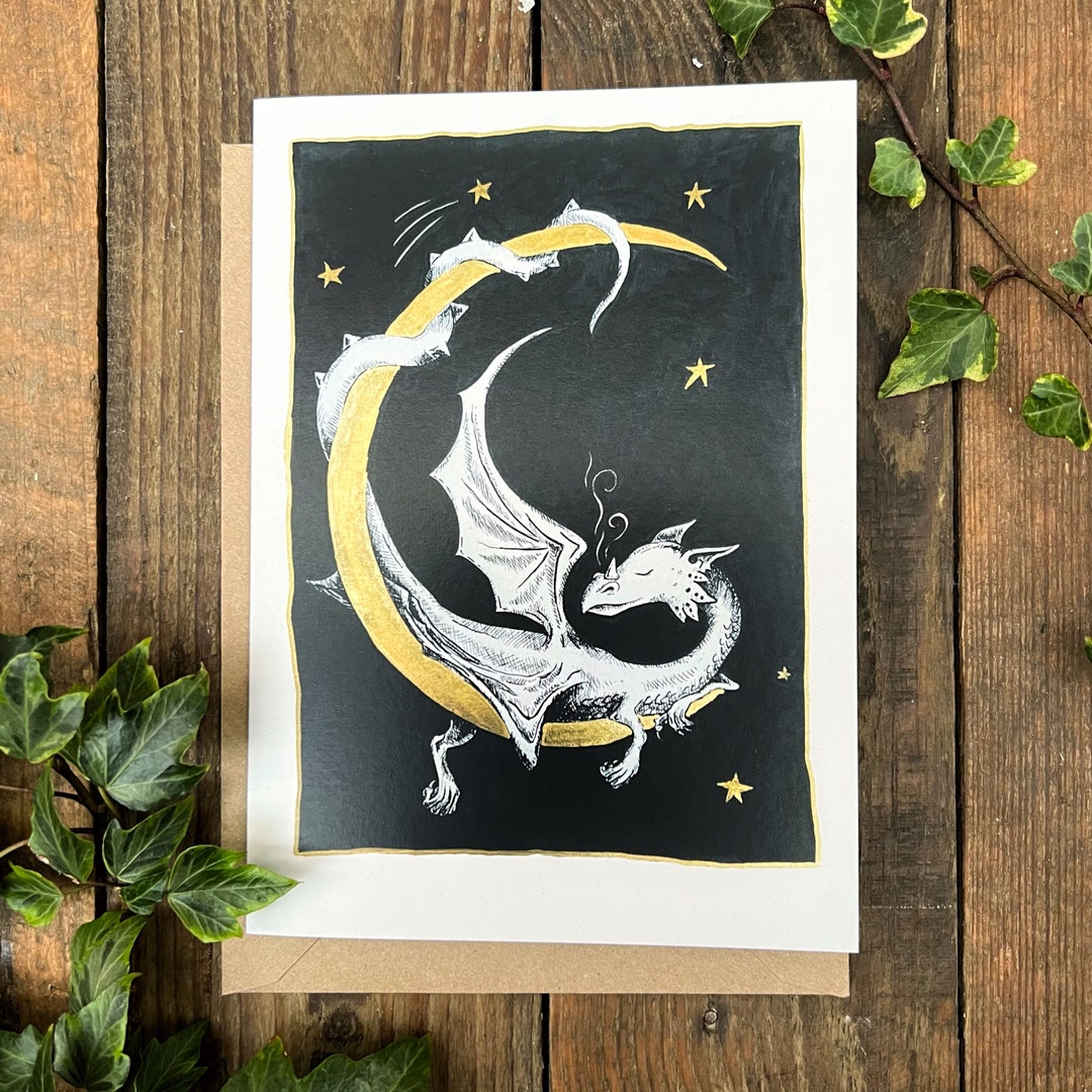 Moon Snooze - Dragon in the Moon Greetings Card, 7x5 Blank Card, Moon ...