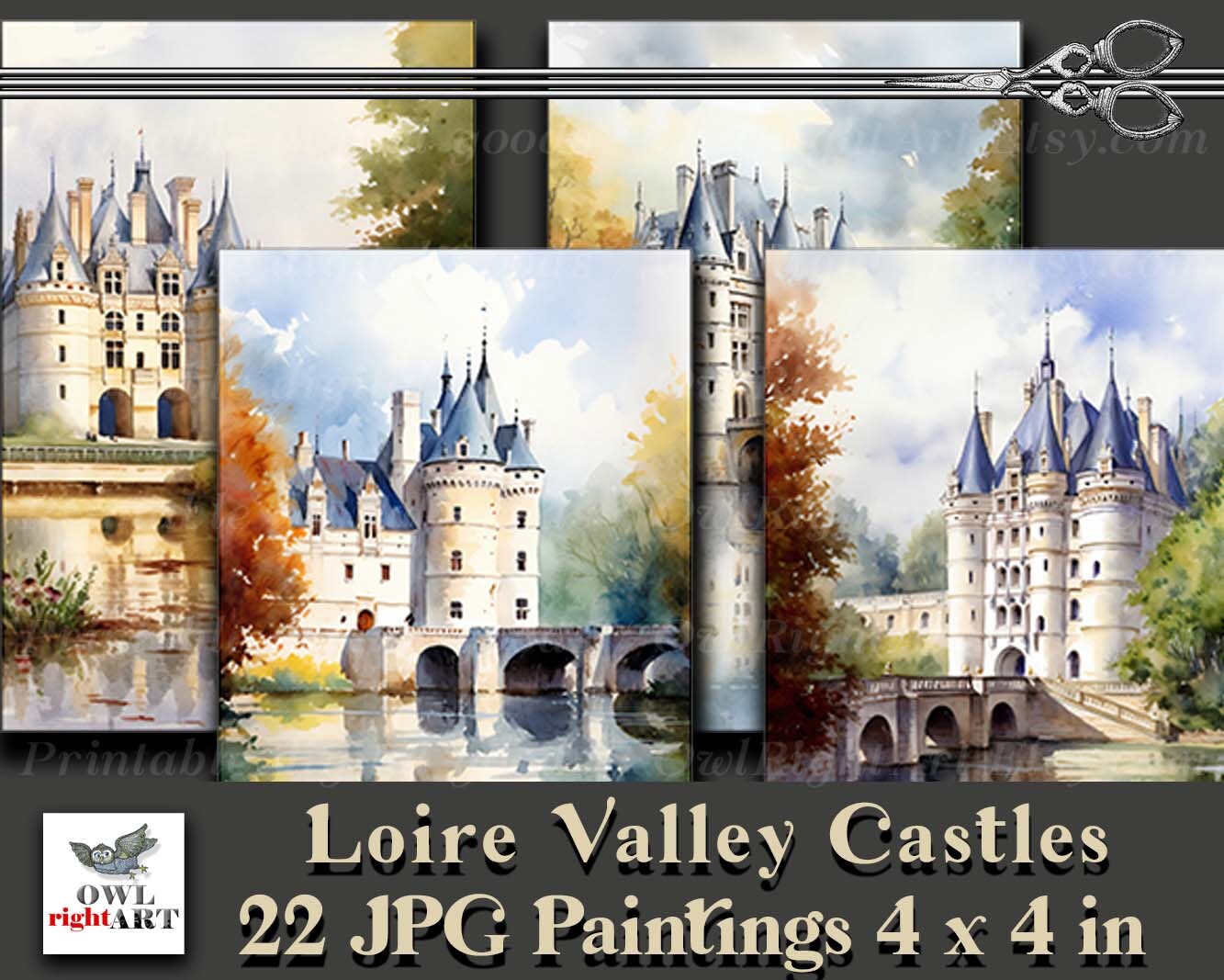 French Castles Watercolor Printable Illustrations 4x6 Inch - Etsy